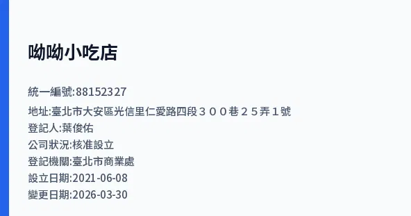 呦呦小吃店的照片-統編 88152327(臺北市) 公司登記資料與營業項目詳細圖表