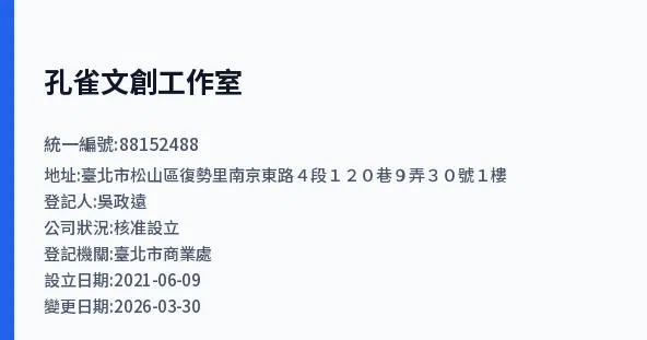 孔雀文創工作室的照片-統編 88152488(臺北市) 公司登記資料與營業項目詳細圖表