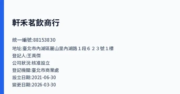 軒禾茗飲商行的照片-統編 88153830(臺北市) 公司登記資料與營業項目詳細圖表