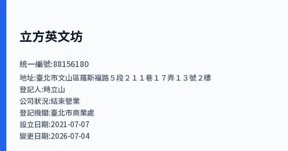 立方英文坊的照片-統編 88156180(臺北市) 公司登記資料與營業項目詳細圖表