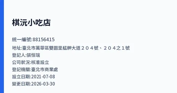 棋沅小吃店的照片-統編 88156415(臺北市) 公司登記資料與營業項目詳細圖表