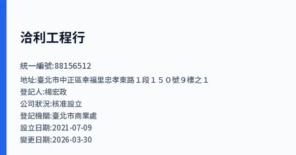 洽利工程行的照片-統編 88156512(臺北市) 公司登記資料與營業項目詳細圖表