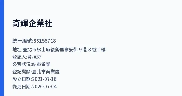 奇輝企業社的照片-統編 88156718(臺北市) 公司登記資料與營業項目詳細圖表
