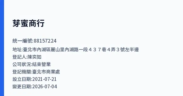 芽蜜商行的照片-統編 88157224(臺北市) 公司登記資料與營業項目詳細圖表