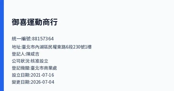 御喜運動商行的照片-統編 88157364(臺北市) 公司登記資料與營業項目詳細圖表