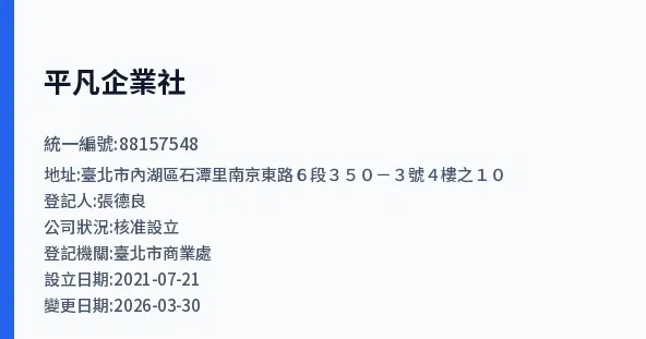 平凡企業社的照片-統編 88157548(臺北市) 公司登記資料與營業項目詳細圖表