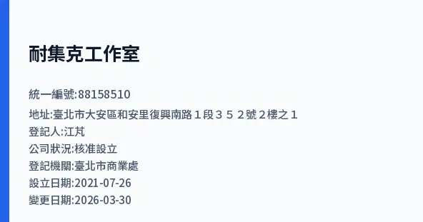 耐集克工作室的照片-統編 88158510(臺北市) 公司登記資料與營業項目詳細圖表