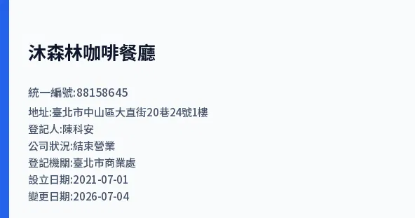 沐森林咖啡餐廳的照片-統編 88158645(臺北市) 公司登記資料與營業項目詳細圖表