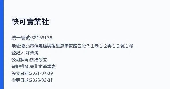 快可實業社的照片-統編 88159139(臺北市) 公司登記資料與營業項目詳細圖表