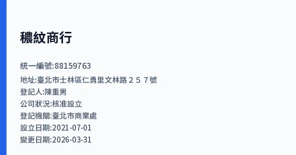 穠紋商行的照片-統編 88159763(臺北市) 公司登記資料與營業項目詳細圖表