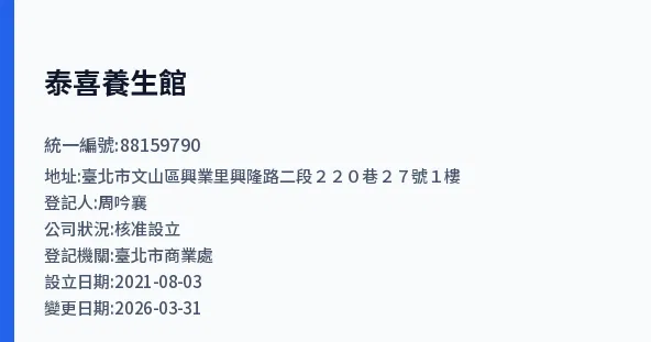 泰喜養生館的照片-統編 88159790(臺北市) 公司登記資料與營業項目詳細圖表