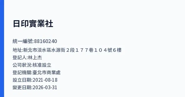 日印實業社的照片-統編 88160240(新北市) 公司登記資料與營業項目詳細圖表