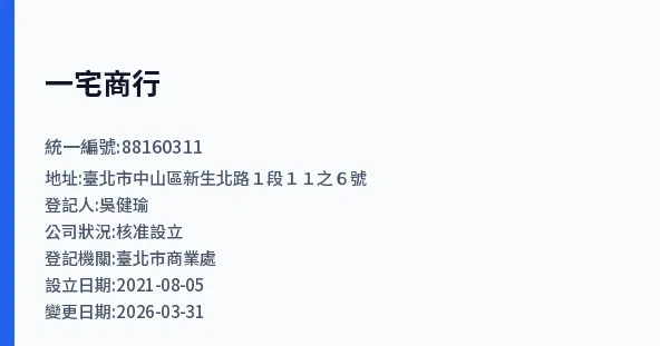 一宅商行的照片-統編 88160311(臺北市) 公司登記資料與營業項目詳細圖表