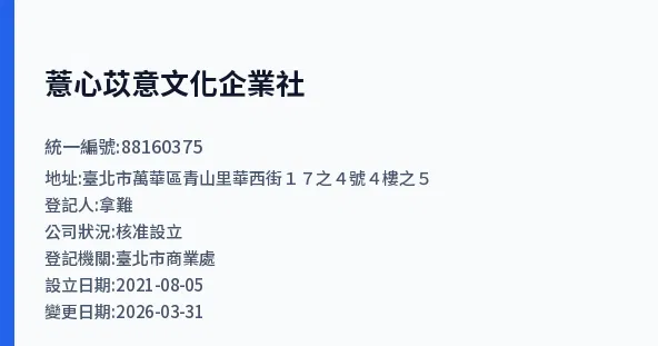 薏心苡意文化企業社的照片-統編 88160375(臺北市) 公司登記資料與營業項目詳細圖表