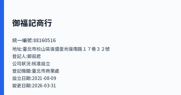 御福記商行的照片-統編 88160516(臺北市) 公司登記資料與營業項目詳細圖表