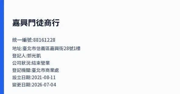 嘉興門徒商行的照片-統編 88161228(臺北市) 公司登記資料與營業項目詳細圖表