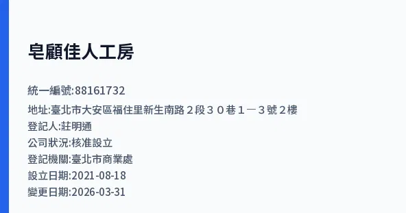 皂顧佳人工房的照片-統編 88161732(臺北市) 公司登記資料與營業項目詳細圖表