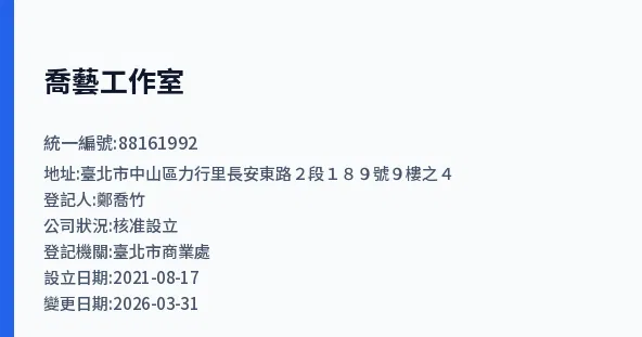喬藝工作室的照片-統編 88161992(臺北市) 公司登記資料與營業項目詳細圖表