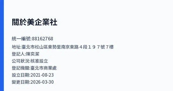 關於美企業社的照片-統編 88162768(臺北市) 公司登記資料與營業項目詳細圖表