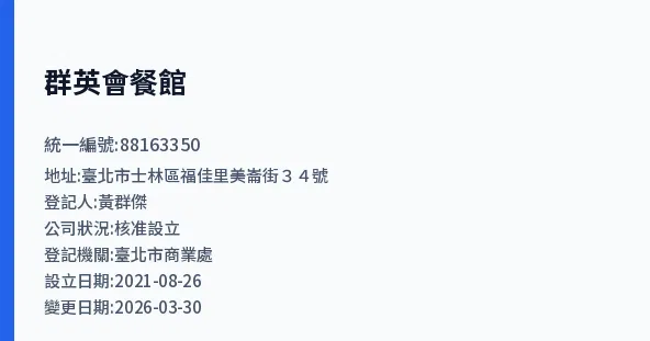 群英會餐館的照片-統編 88163350(臺北市) 公司登記資料與營業項目詳細圖表