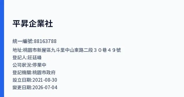 平昇企業社的照片-統編 88163788(桃園市) 公司登記資料與營業項目詳細圖表