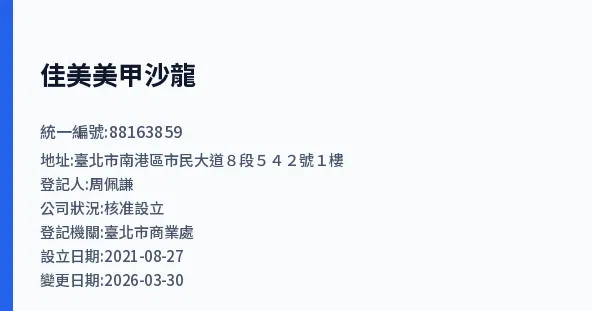 佳美美甲沙龍的照片-統編 88163859(臺北市) 公司登記資料與營業項目詳細圖表