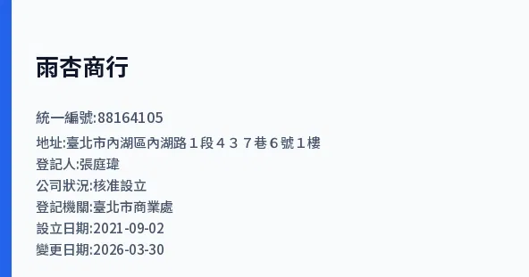 雨杏商行的照片-統編 88164105(臺北市) 公司登記資料與營業項目詳細圖表