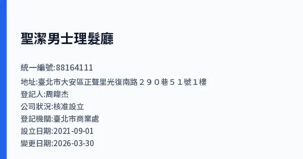 聖潔男士理髮廳的照片-統編 88164111(臺北市) 公司登記資料與營業項目詳細圖表