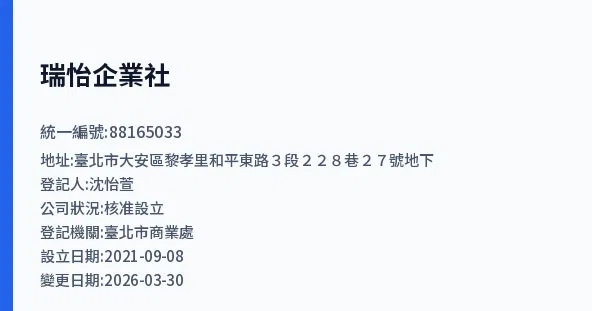 瑞怡企業社的照片-統編 88165033(臺北市) 公司登記資料與營業項目詳細圖表