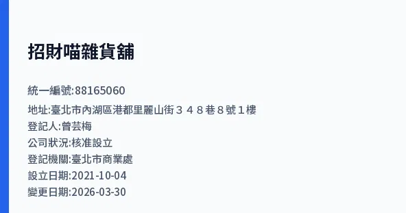 招財喵雜貨舖的照片-統編 88165060(臺北市) 公司登記資料與營業項目詳細圖表