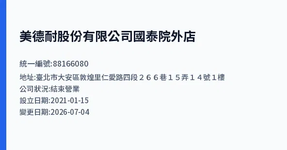 美德耐股份有限公司國泰院外店的照片-統編 88166080(臺北市) 公司登記資料與營業項目詳細圖表