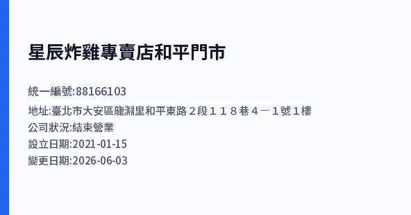 星辰炸雞專賣店和平門市的照片-統編 88166103(臺北市) 公司登記資料與營業項目詳細圖表
