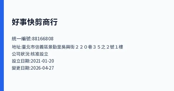 好事快剪商行的照片-統編 88166808(臺北市) 公司登記資料與營業項目詳細圖表