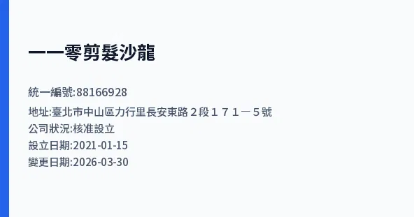 一一零剪髮沙龍的照片-統編 88166928(臺北市) 公司登記資料與營業項目詳細圖表