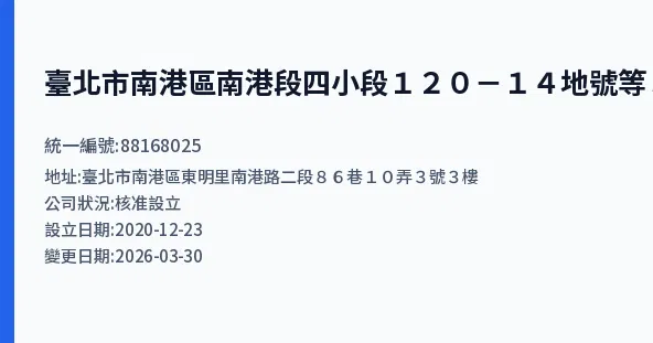 臺北市南港區南港段四小段120-14地號等5筆土地都市更新會的照片-統編 88168025(臺北市) 公司登記資料與營業項目詳細圖表