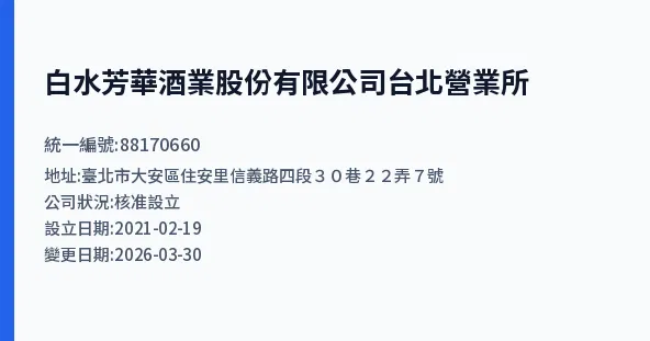 白水芳華酒業股份有限公司台北營業所的照片-統編 88170660(臺北市) 公司登記資料與營業項目詳細圖表