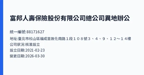 富邦人壽保險股份有限公司總公司異地辦公的照片-統編 88171627(臺北市) 公司登記資料與營業項目詳細圖表