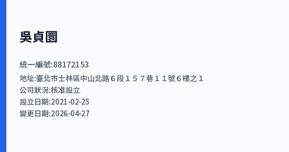 吳貞圜的照片-統編 88172153(臺北市) 公司登記資料與營業項目詳細圖表