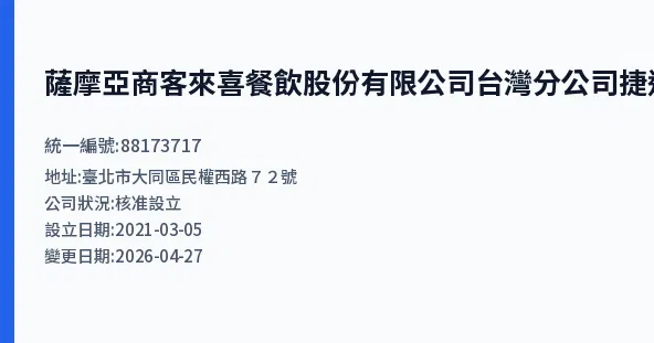 薩摩亞商客來喜餐飲股份有限公司台灣分公司捷運民權西路門市的照片-統編 88173717(臺北市) 公司登記資料與營業項目詳細圖表