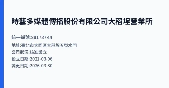 時藝多媒體傳播股份有限公司大稻埕營業所的照片-統編 88173744(臺北市) 公司登記資料與營業項目詳細圖表