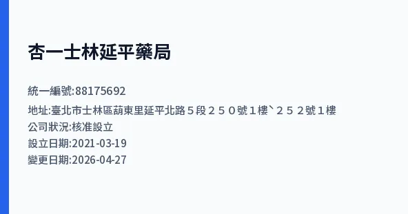 杏一士林延平藥局的照片-統編 88175692(臺北市) 公司登記資料與營業項目詳細圖表