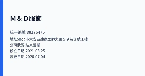 M&D服飾的照片-統編 88176475(臺北市) 公司登記資料與營業項目詳細圖表