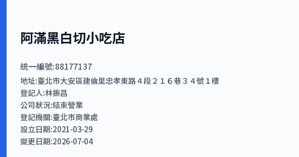 阿滿黑白切小吃店的照片-統編 88177137(臺北市) 公司登記資料與營業項目詳細圖表