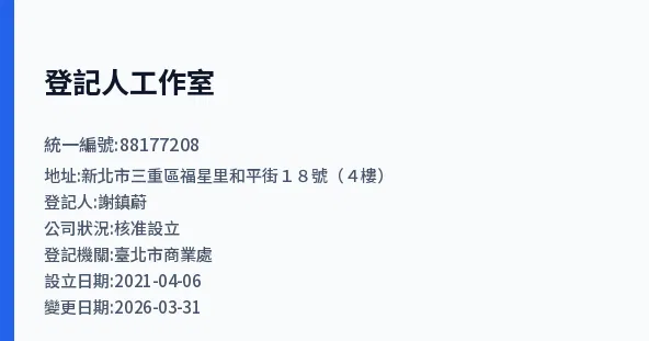 登記人工作室的照片-統編 88177208(新北市) 公司登記資料與營業項目詳細圖表