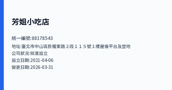 芳姐小吃店的照片-統編 88178543(臺北市) 公司登記資料與營業項目詳細圖表