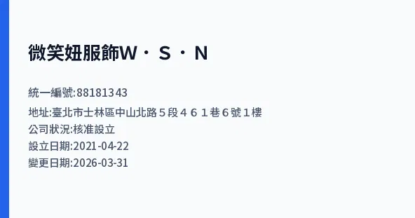 微笑妞服飾W.S.N的照片-統編 88181343(臺北市) 公司登記資料與營業項目詳細圖表