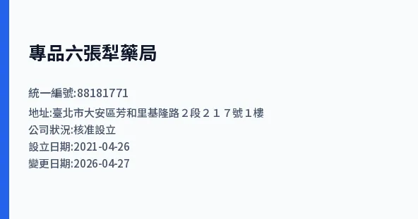 專品六張犁藥局的照片-統編 88181771(臺北市) 公司登記資料與營業項目詳細圖表