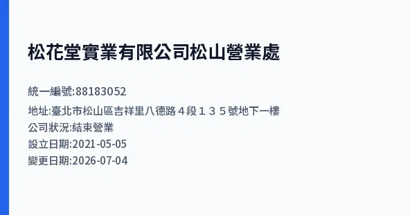 松花堂實業有限公司松山營業處的照片-統編 88183052(臺北市) 公司登記資料與營業項目詳細圖表
