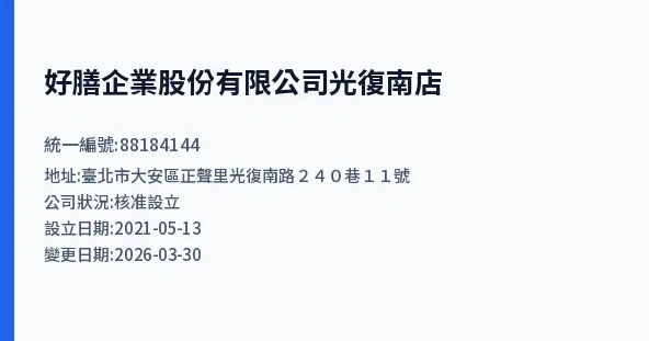 好膳企業股份有限公司光復南店的照片-統編 88184144(臺北市) 公司登記資料與營業項目詳細圖表