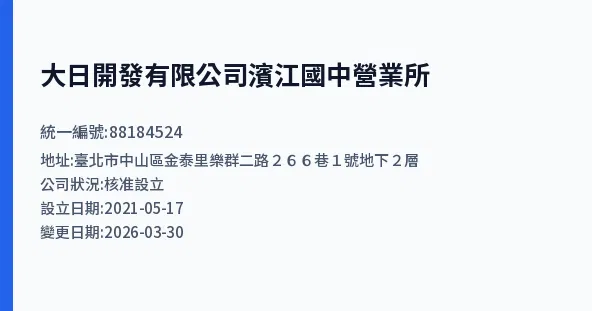 大日開發有限公司濱江國中營業所的照片-統編 88184524(臺北市) 公司登記資料與營業項目詳細圖表